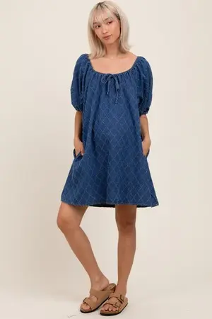 PINKBLUSH Chambray Jacquard Puff Sleeve Mini Dress