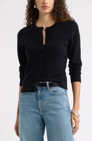 Nordstrom Cashmere Mini Cable Cardigan - Black Rock