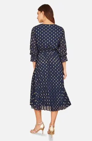 YUMI Wrap Foil Pleated Midi Dress