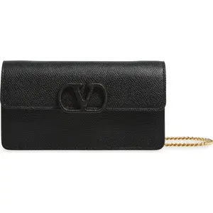 Valentino Garavani Vlogo Signature Leather Wallet On A Chain - Black