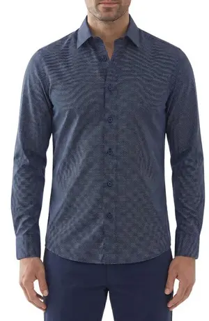 REPORT COLLECTION Stretch Dot Button Up Shirt - 41 Navy