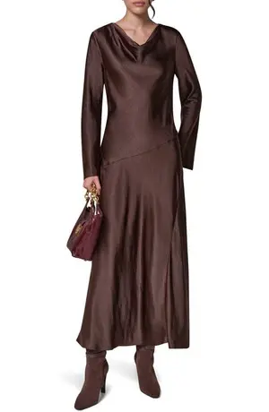 Donna Karan New York Long Sleeve Draped Neck Satin Dress