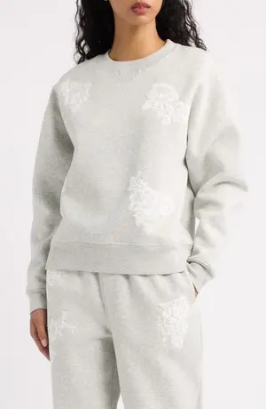 LoveShackFancy Havenleigh Crewneck Sweatshirt With Floral Lace Appliqués - Silver Fog Heather