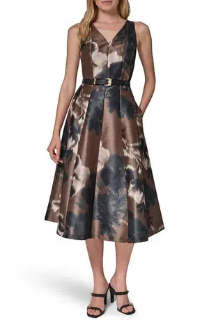 Donna Karan New York Printed V-neck Belted Midi Dress