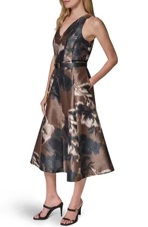 Donna Karan New York Printed V-neck Belted Midi Dress