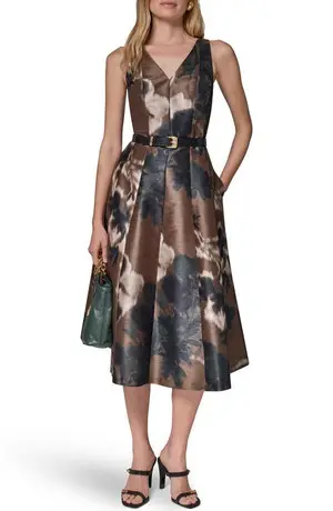 Donna Karan New York Printed V-neck Belted Midi Dress