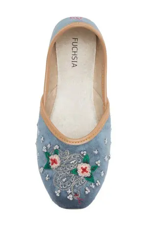 FUCHSIA Serpent Rose Embroidered Velvet Jutti Flat