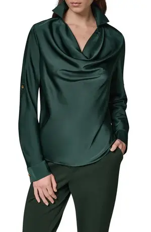 Donna Karan New York Cowl Neck Top With Roll Sleeves - Black Forest