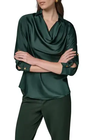Donna Karan New York Cowl Neck Top With Roll Sleeves - Black Forest