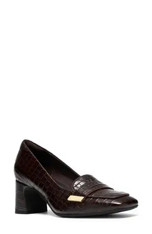 Clarks Fernie Edge Croc Embossed Leather Block Heel Pumps - Dark Brown Croc