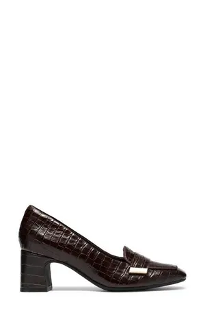 Clarks Fernie Edge Croc Embossed Leather Block Heel Pumps - Dark Brown Croc