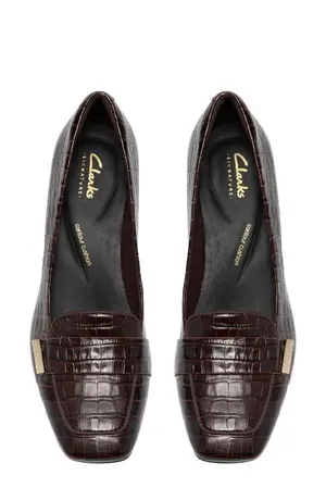 Clarks Fernie Edge Croc Embossed Leather Block Heel Pumps - Dark Brown Croc