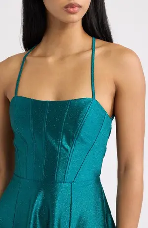 EMERALD SUNDAE Glitter Knit Lace-up Back Skater Mini Dress