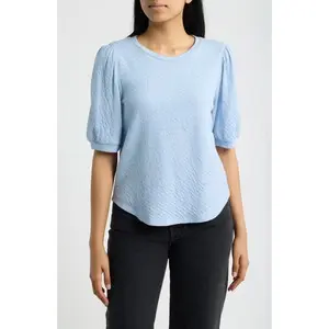 Bobeau Puff Sleeve Textured Cotton T-shirt - Lt Denim/ivory
