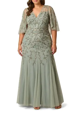 Adrianna Papell Beaded Mesh Cape Sleeve Gown