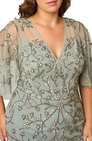 Adrianna Papell Beaded Mesh Cape Sleeve Gown