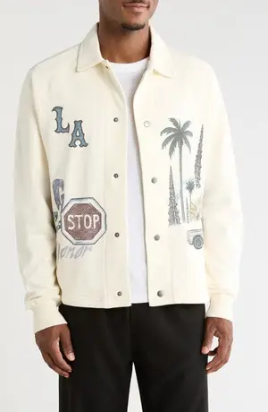 HONOR THE GIFT All Over La Cotton Fleece Coach's Jacket - Bone