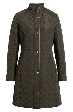 Cole Haan Quilted Stand Collar Jacket - Olive