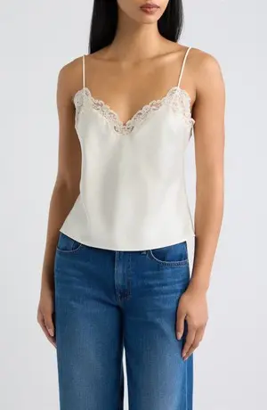 LoveShackFancy Roxsana Lace Trim Satin Camisole Alabaster Glow