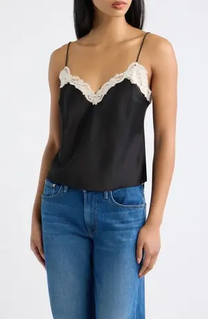 LoveShackFancy Roxsana Lace Trim Satin Camisole - Black