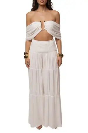 JLUXLABEL Off-the-shoulder Gathered Crop Top And Tiered Wide-leg Pants Set - Ivory