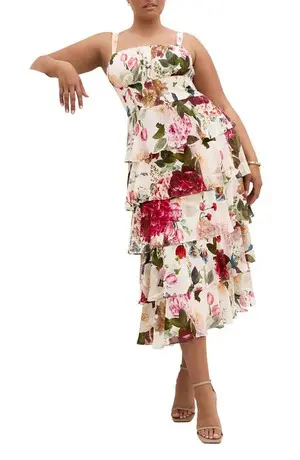 City Chic Daniela Floral Print Tiered Midi Dress - Botanical Bloom