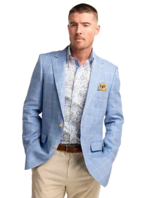 PAUL FREDRICK Linen Blend Windowpane Single Breasted Notch Lapel Sport Coat