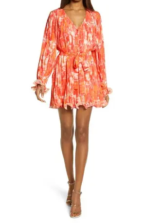 Endless Rose Watercolor Print Pleated Long Sleeve Fit & Flare Dress - Orange