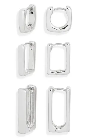 OPEN EDIT Set Of 3 Square Huggie Hoop Earrings - Silver