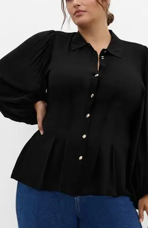 City Chic Piper Puff Shoulder Shirt - Black