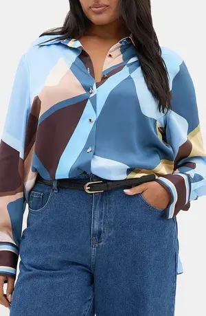 City Chic Amaya Print Shirt - Blue Abstract