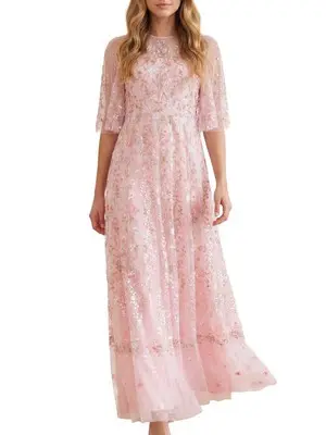 NEEDLE & THREAD Rococo 3/4 Sleeve Embroidered Gown Dusk Pink