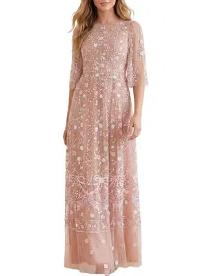 NEEDLE & THREAD Rococo 3/4 Sleeve Embroidered Gown - Wheat
