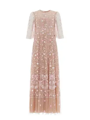 NEEDLE & THREAD Rococo 3/4 Sleeve Embroidered Gown - Wheat
