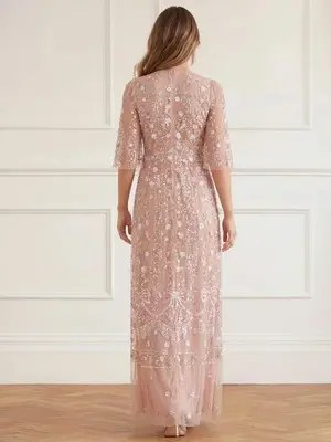 NEEDLE & THREAD Rococo 3/4 Sleeve Embroidered Gown - Wheat