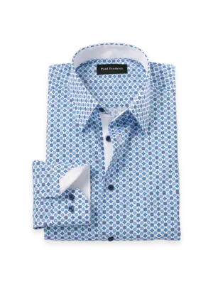 PAUL FREDRICK Cotton Point Collar Poplin Tailored Contrast Trim Button Cuff Long Sleeve - Blue