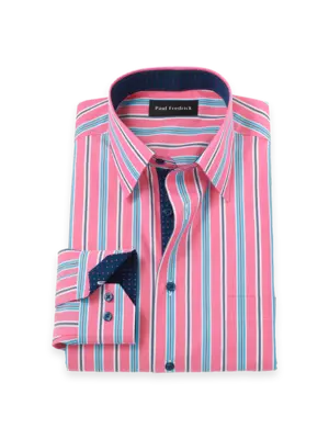 PAUL FREDRICK Cotton Point Collar Poplin Tailored Contrast Trim Button Cuff Long Sleeve Pink/blue