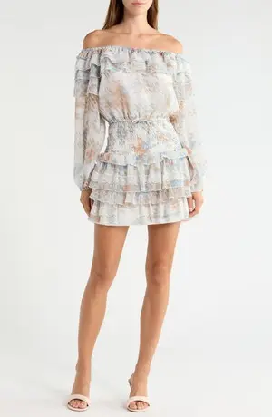 KITTENISH Off-the-shoulder Ruffled Minidress - Blue Swirl