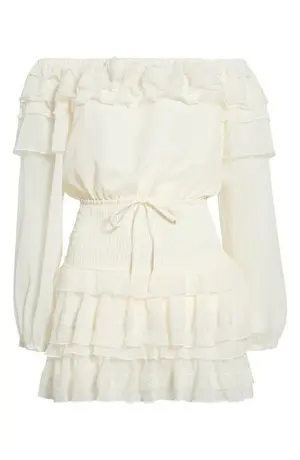 KITTENISH Off-the-shoulder Ruffled Minidress - Egret