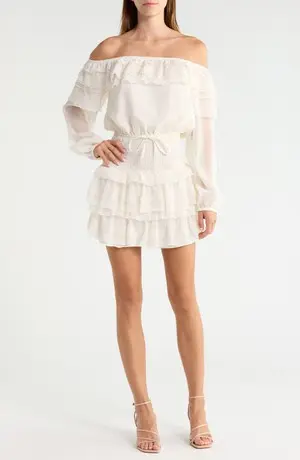 KITTENISH Off-the-shoulder Ruffled Minidress - Egret