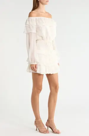 KITTENISH Off-the-shoulder Ruffled Minidress - Egret