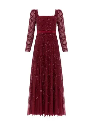NEEDLE & THREAD Bow Lattice Long Sleeve Sequin Gown