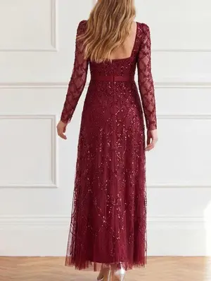 NEEDLE & THREAD Bow Lattice Long Sleeve Sequin Gown