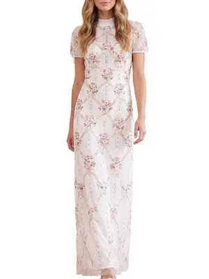 NEEDLE & THREAD High Neck Embroidered Maxi Gown