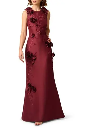 Aidan Mattox Floral Appliqué Stretch Mikado Gown - Mahogany