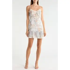 KITTENISH Lace Trim Chiffon Babydoll Mini Dress - Blue Swirl