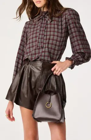 Astr The Label Plaid Tie Neck Balloon Sleeve Blouse - Eggplant Plaid