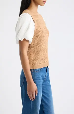 Love The Label Danni Puff Sleeve Pointelle Knit Top