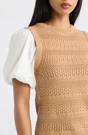 Love The Label Danni Puff Sleeve Pointelle Knit Top