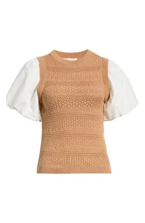 Love The Label Danni Puff Sleeve Pointelle Knit Top